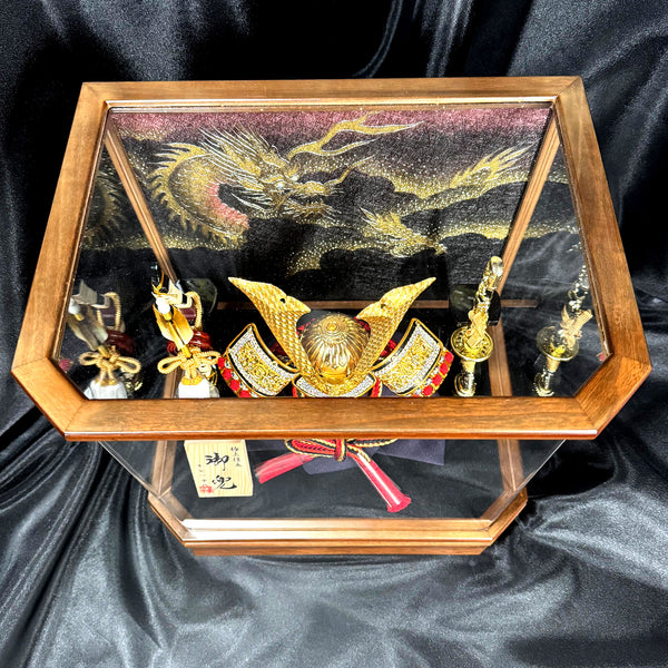 Samurai Kabuto Display – Gold Dragon Crest (Glass Case, Complete Set ...